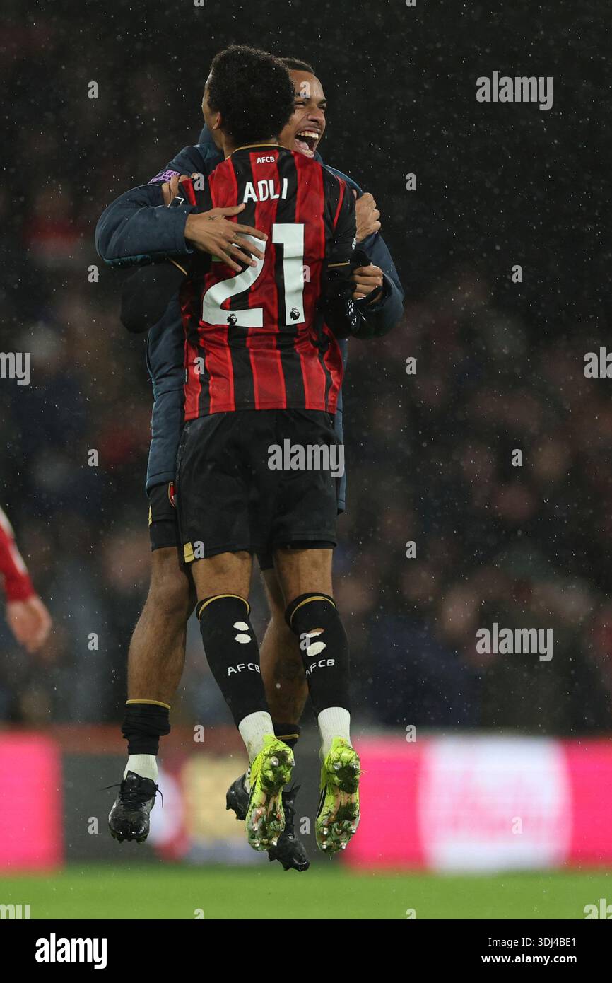 Bournemouth's Amine Adli, celebrates with teammate Eli Junior Kroupi ...
