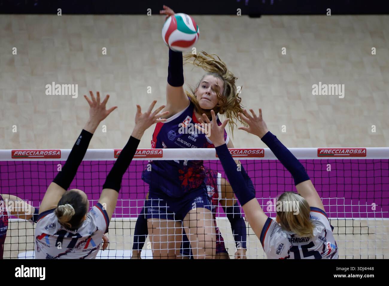 Camilla Weitzel #21 of Savino Del Bene Scandicci spikes the ball during ...