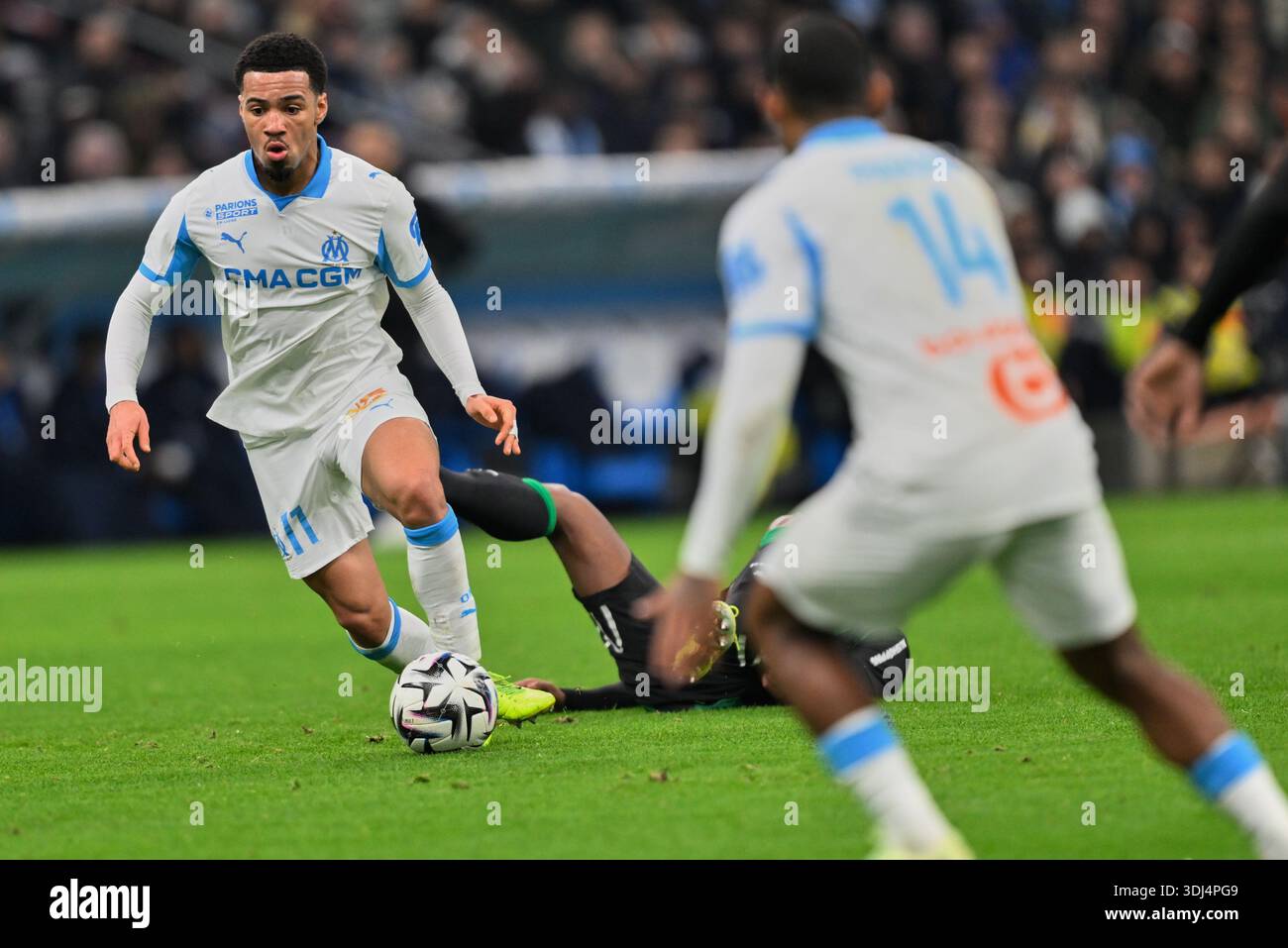 Marseille's Ethan Nwaneri takes the ball during the French League One ...