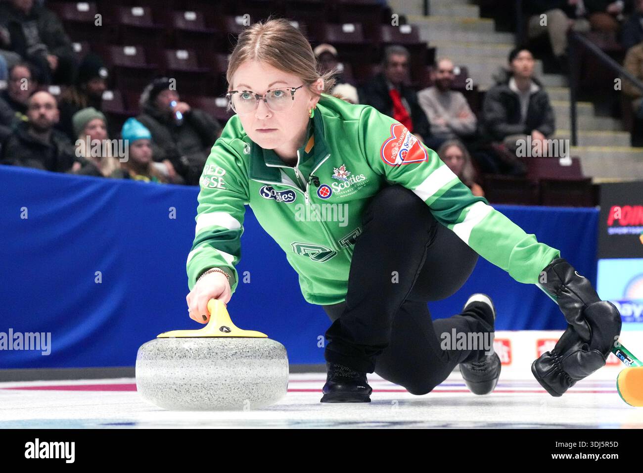 Saskatchewan skip Jolene Campbell watches her stone during her team's ...