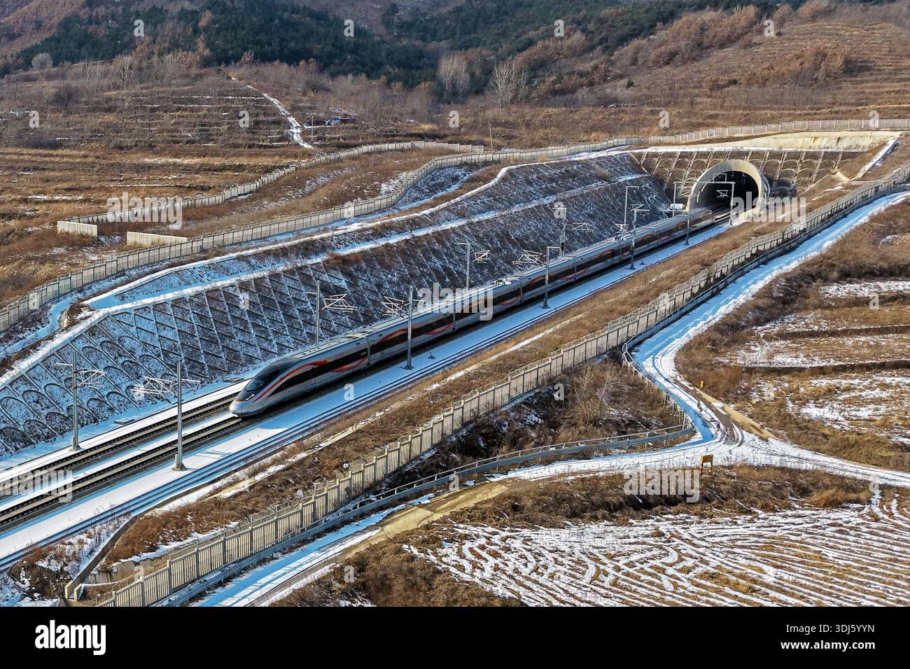 YANTAI, CHINA - JANUARY 25, 2026 - A high-speed train is running in ...