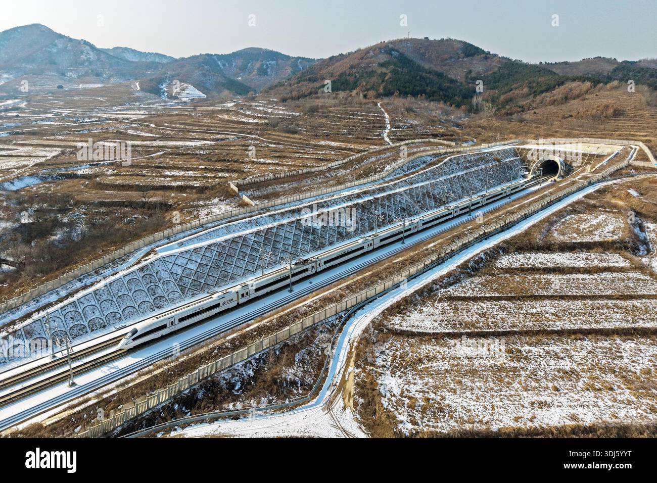 YANTAI, CHINA - JANUARY 25, 2026 - A high-speed train is running in ...