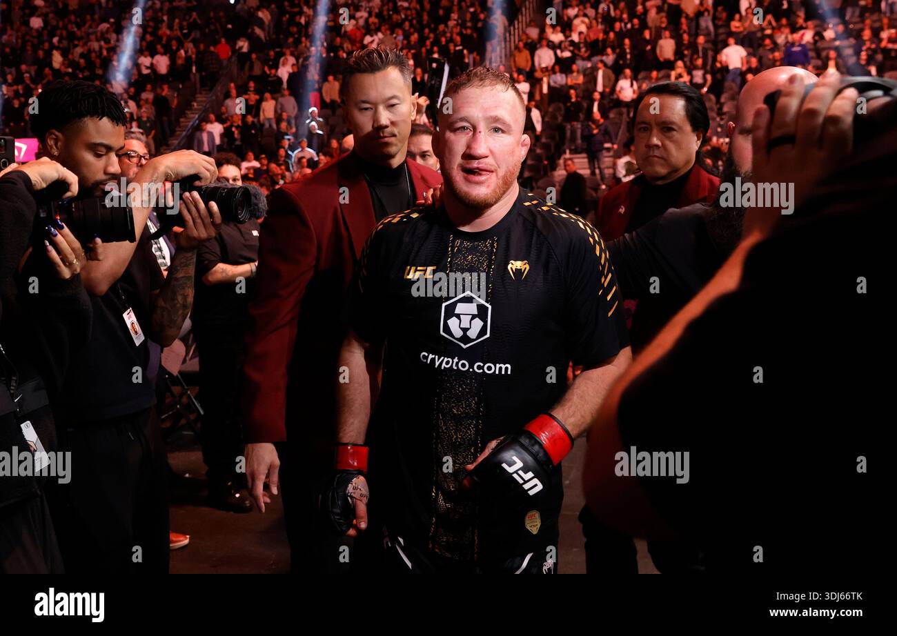 Justin Gaethje leaves the Octagon after defeating Paddy Pimblett in an ...
