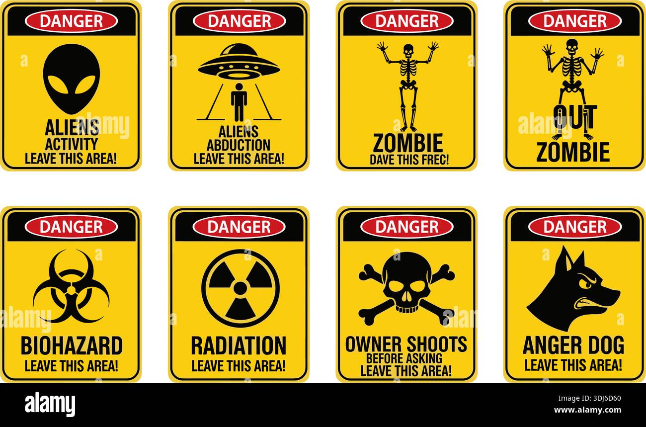 Collection of yellow danger warning signs featuring aliens, zombies ...