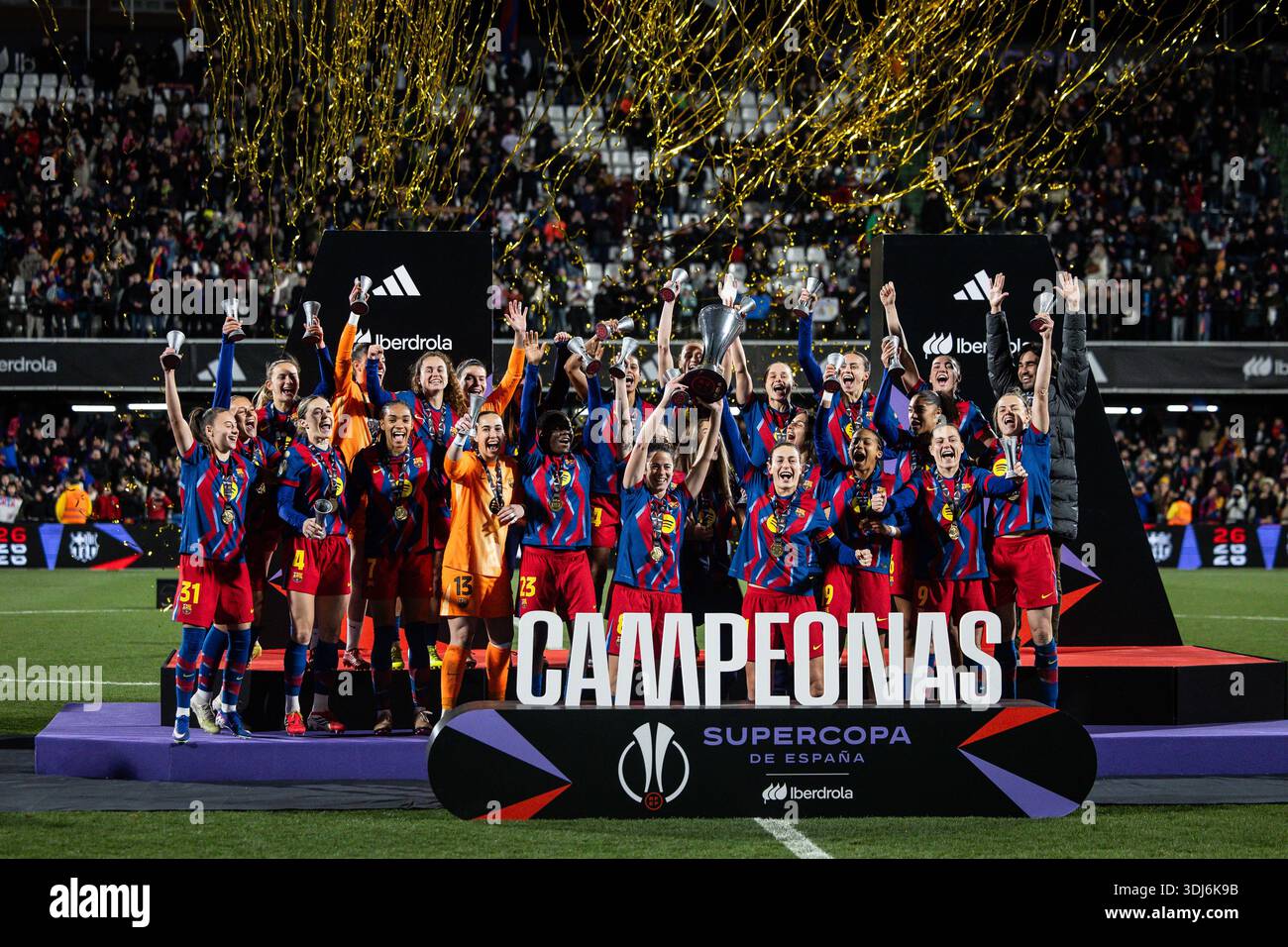 Players of Barcelona celebrate the victory with the trophy during the ...