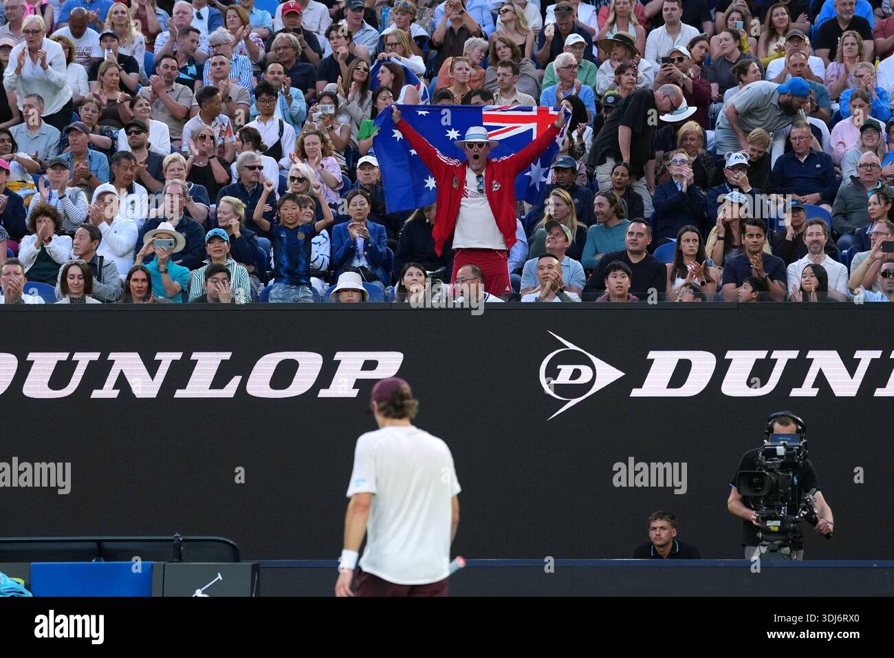 A spectator reacts during the fourth round match between Alex de Minaur ...