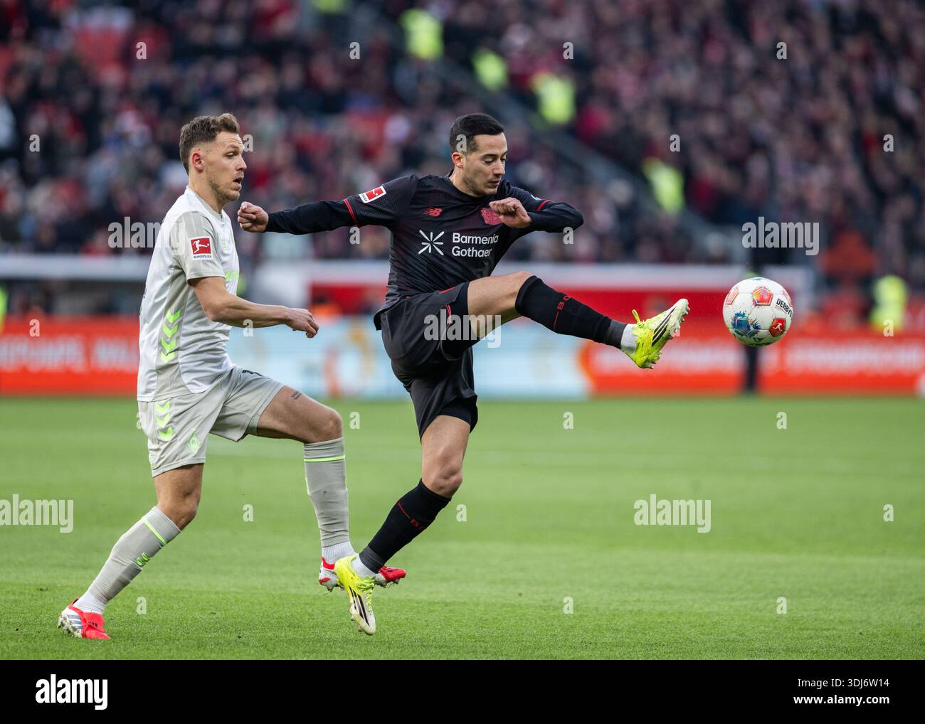 Leverkusen, Bayarena, 24.01.2026: Lucas Vazquez of Leverkusen kicks the ...