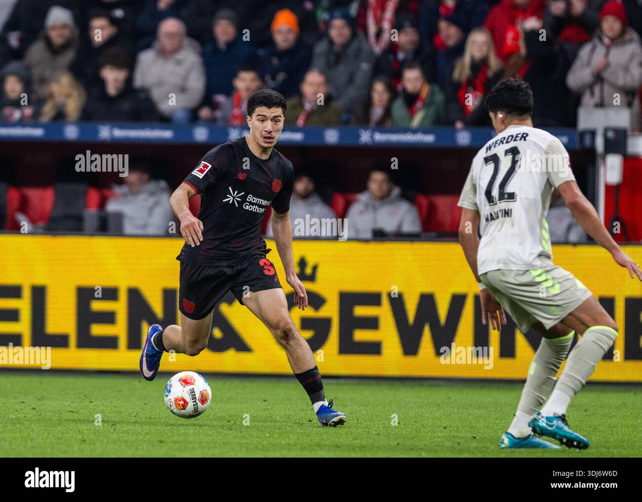 Leverkusen, Bayarena, 24.01.2026: Ibrahim Maza of Leverkusen challenges ...