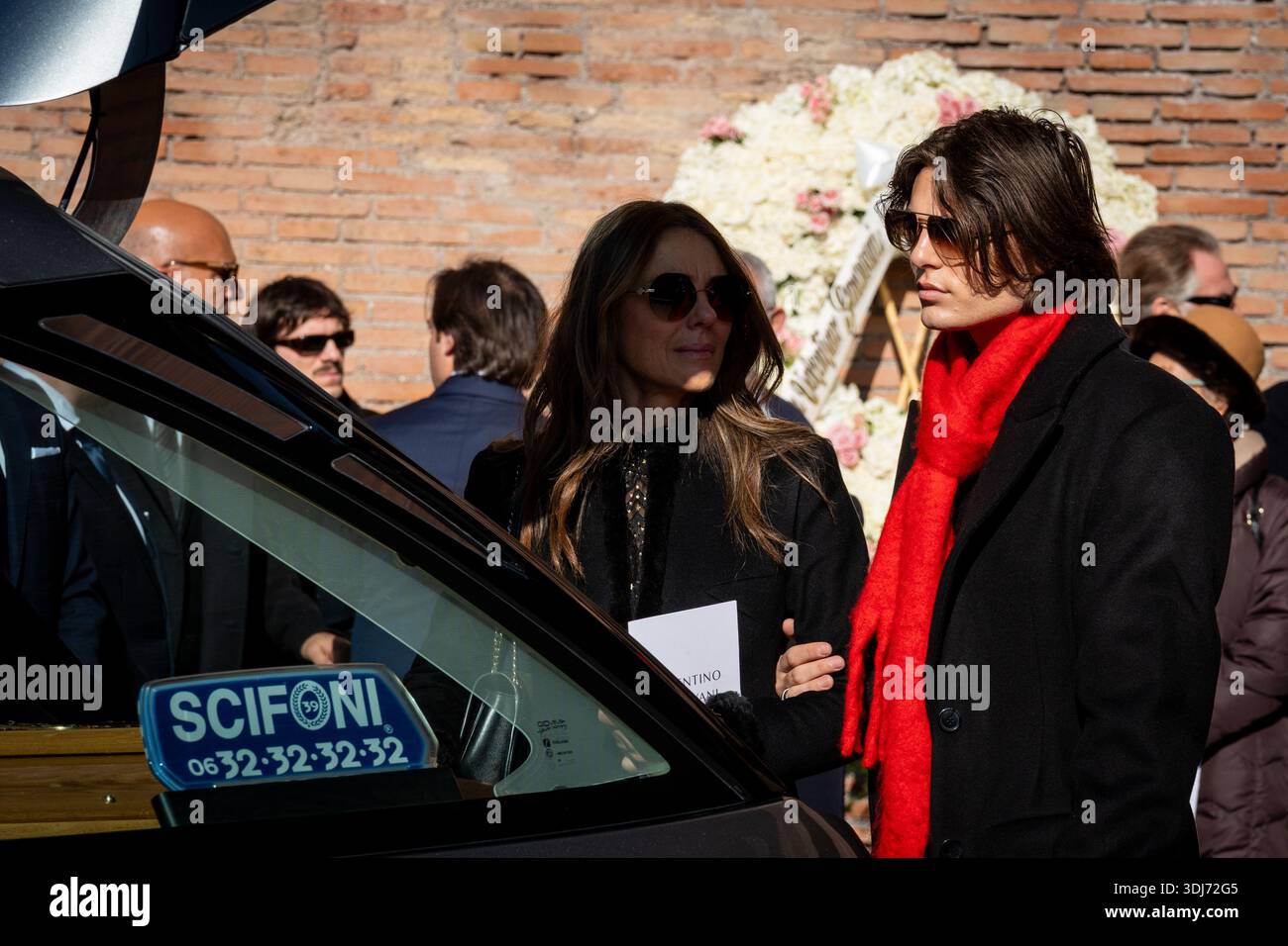 Damian Hurley and Liz Hurley are seen at the funeral ceremony for the ...