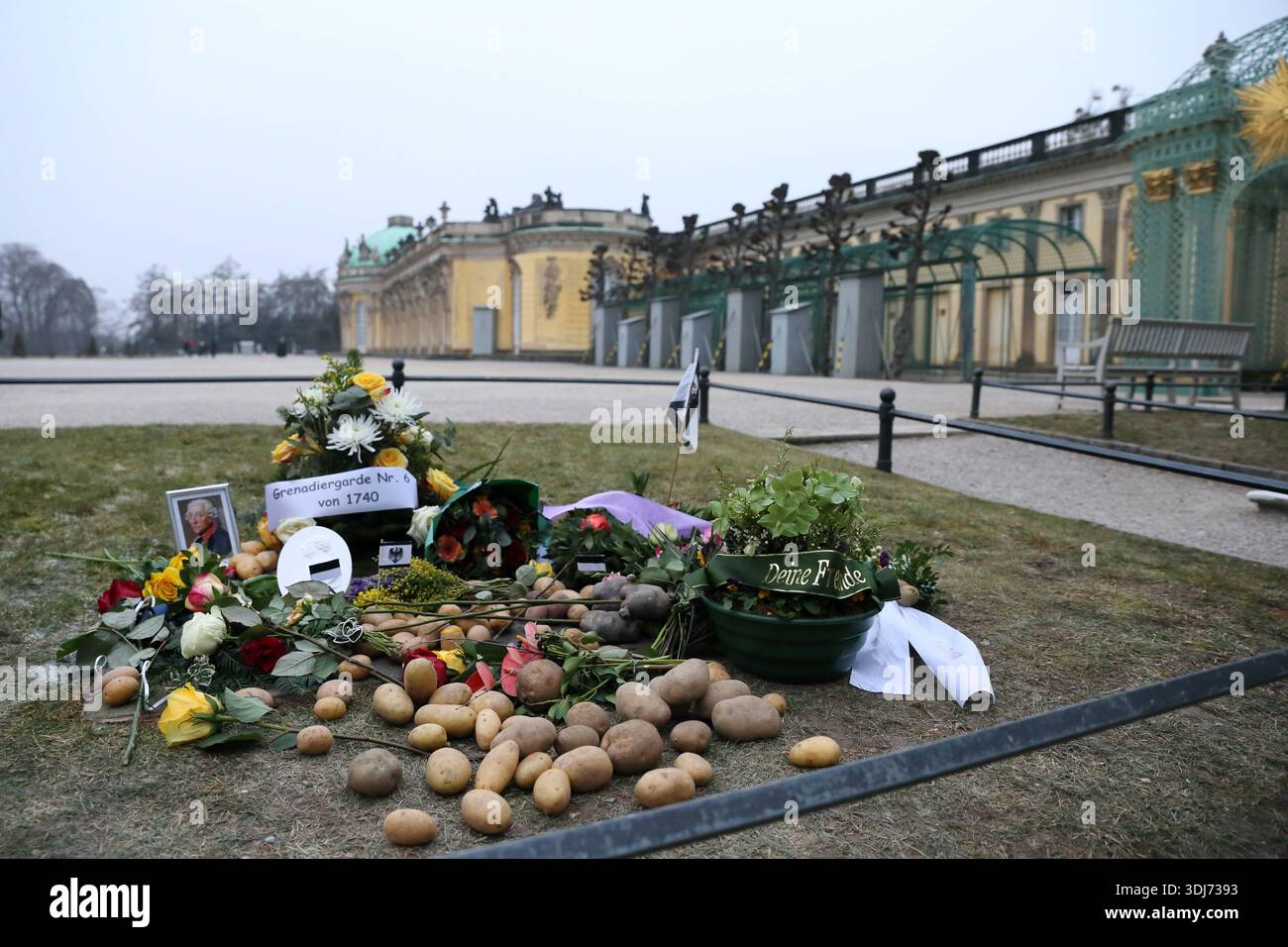 Kartoffeln, Blumen und kleine Preußenfahnen am Grab Friedrichs des ...