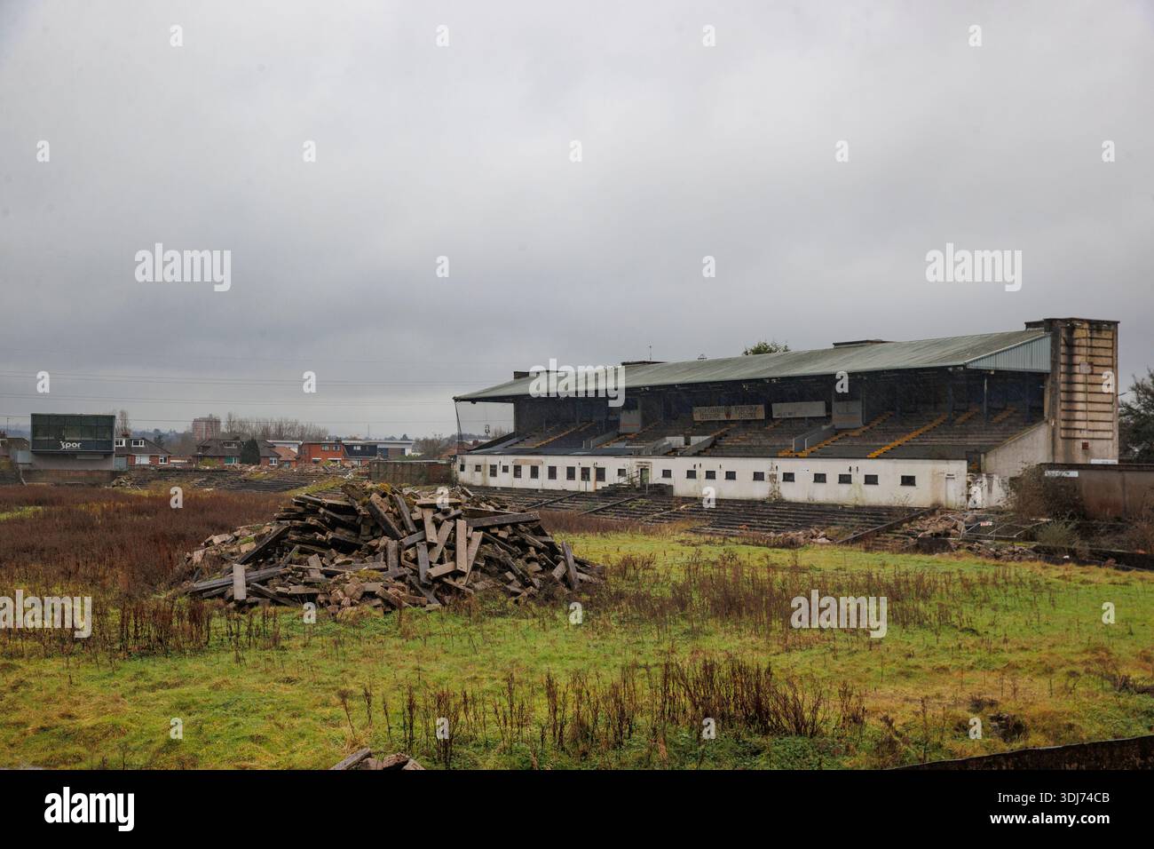 Broken concrete terracing on the over ground pitch of Casement Park in ...