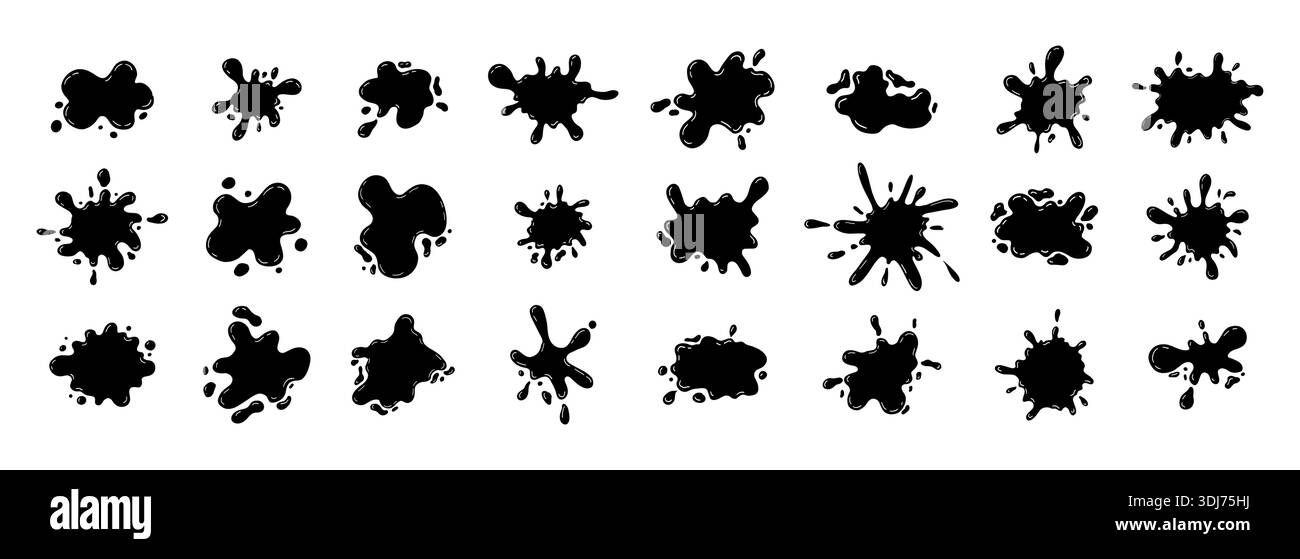Black smooth ink shiny blob form collection. Splash with glossy drops ...