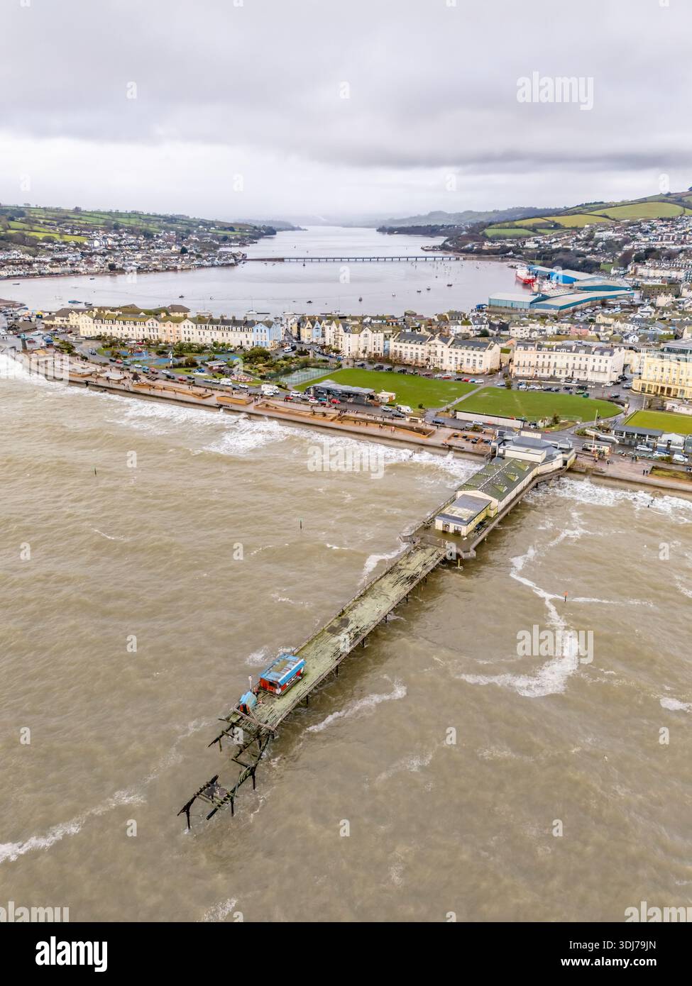 Teignmouth, UK. 25 Jan 2026. Aerial photos of Teignmouth Pier that has ...