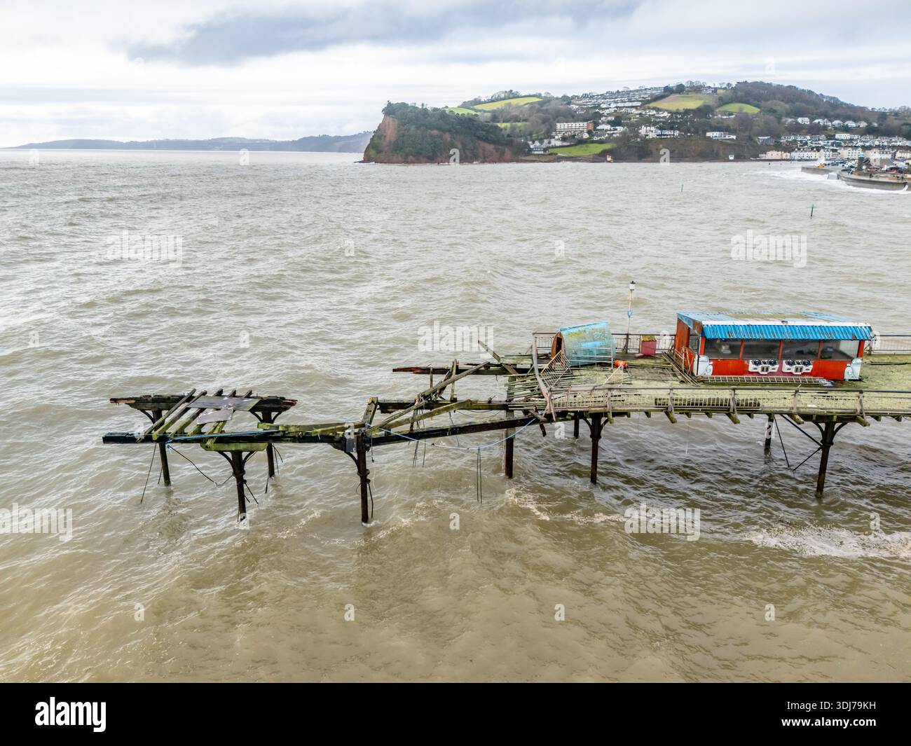 Teignmouth, UK. 25 Jan 2026. Aerial photos of Teignmouth Pier that has ...