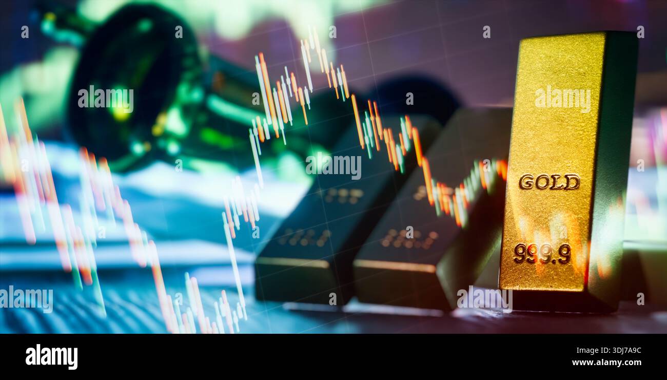 Gold Bullion Bar Closeup With Falling Candlestick Chart Overlay ...