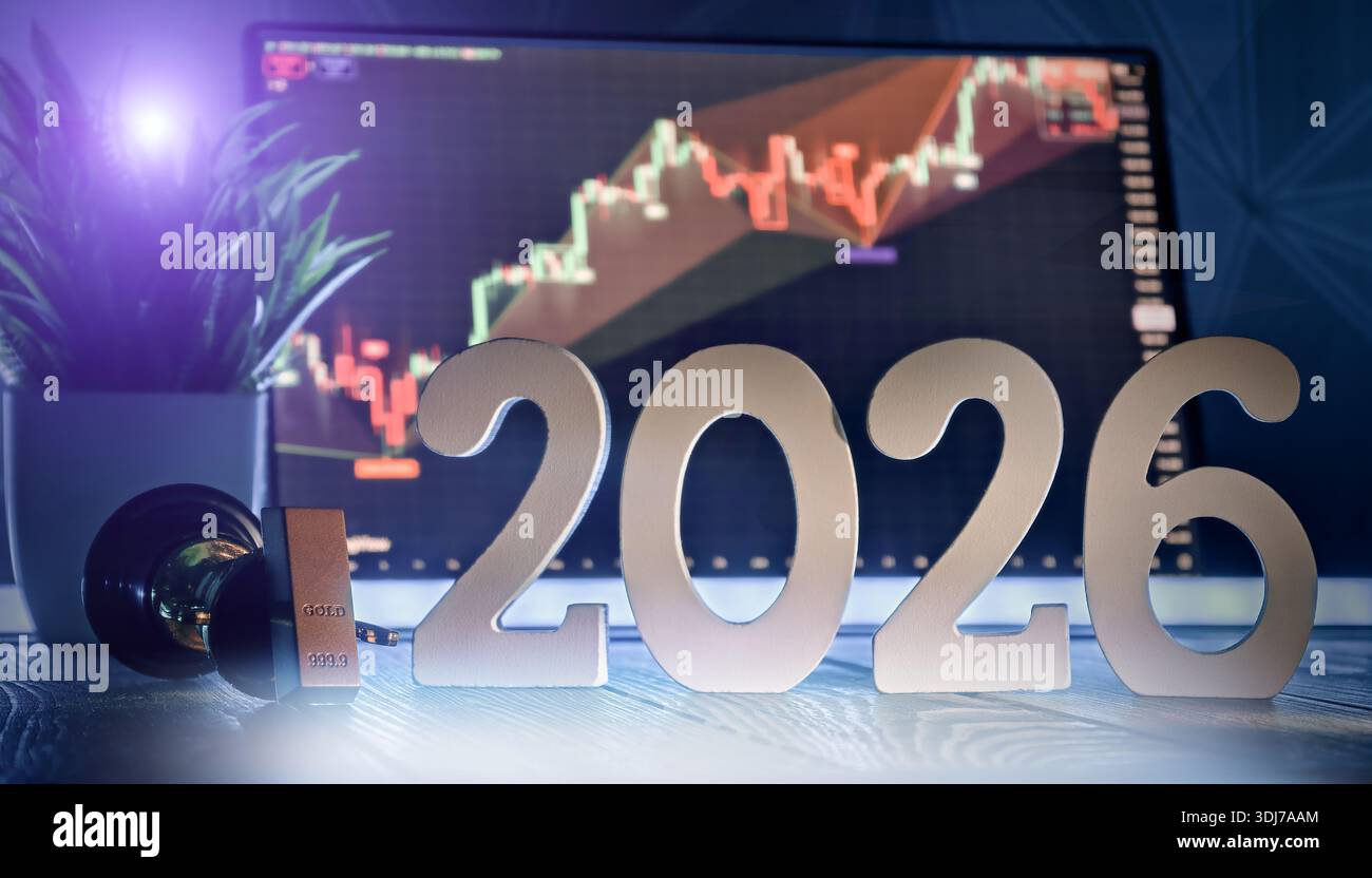 concept of market uncertainty in 2026 with a fallen trophy and a gold ...