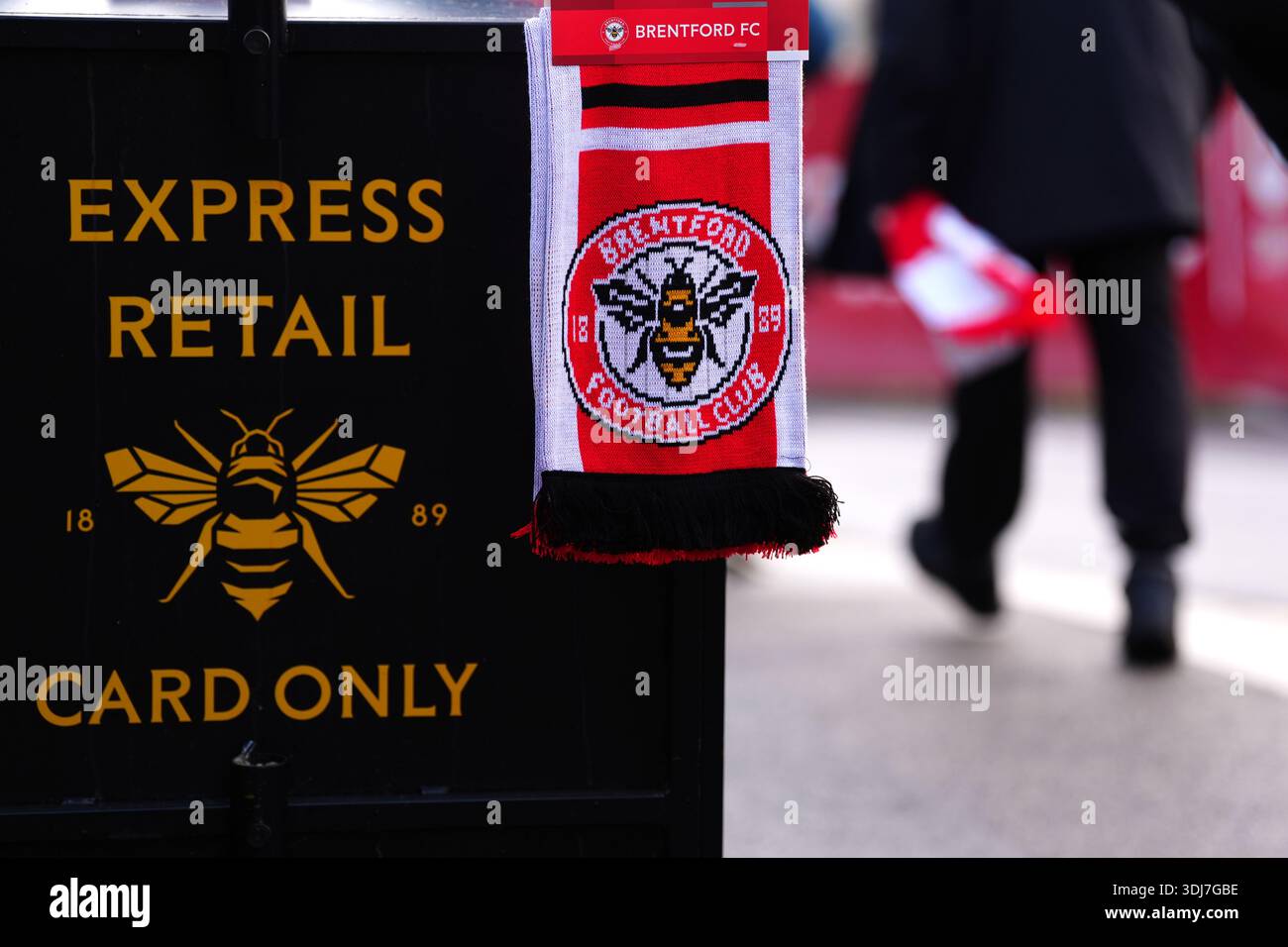 A view of a Brentford scarf outside the ground before the Premier ...
