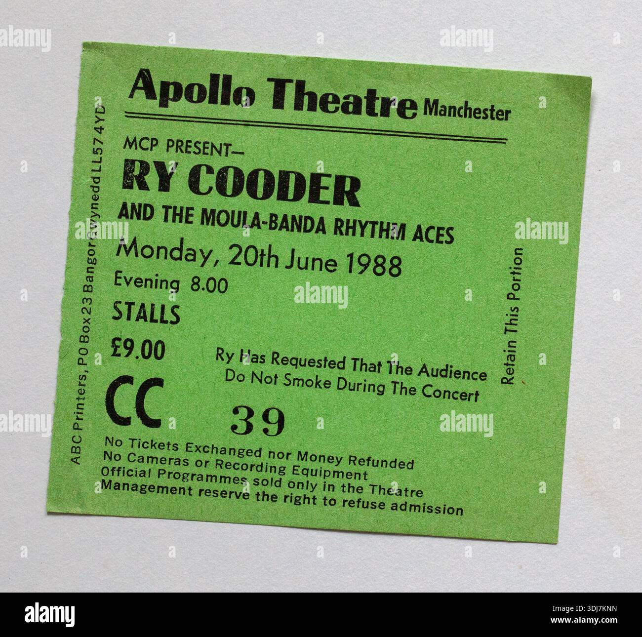 1980s concert ticket for Ry Cooder at the Apollo Theatre Manchester ...