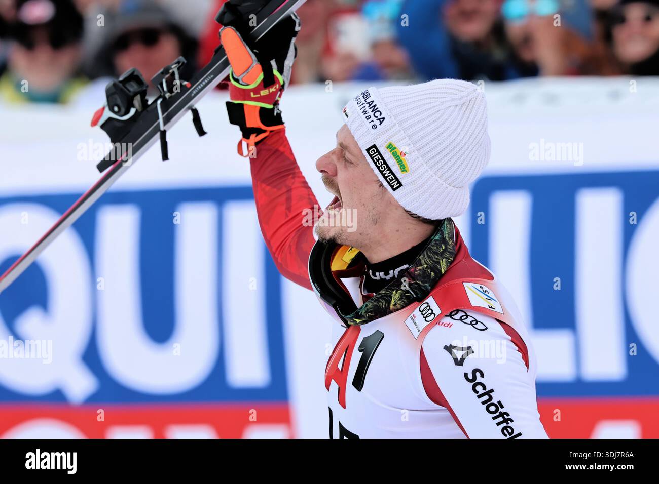 Austria's Manuel Feller celebrates winning an alpine ski, men's World ...