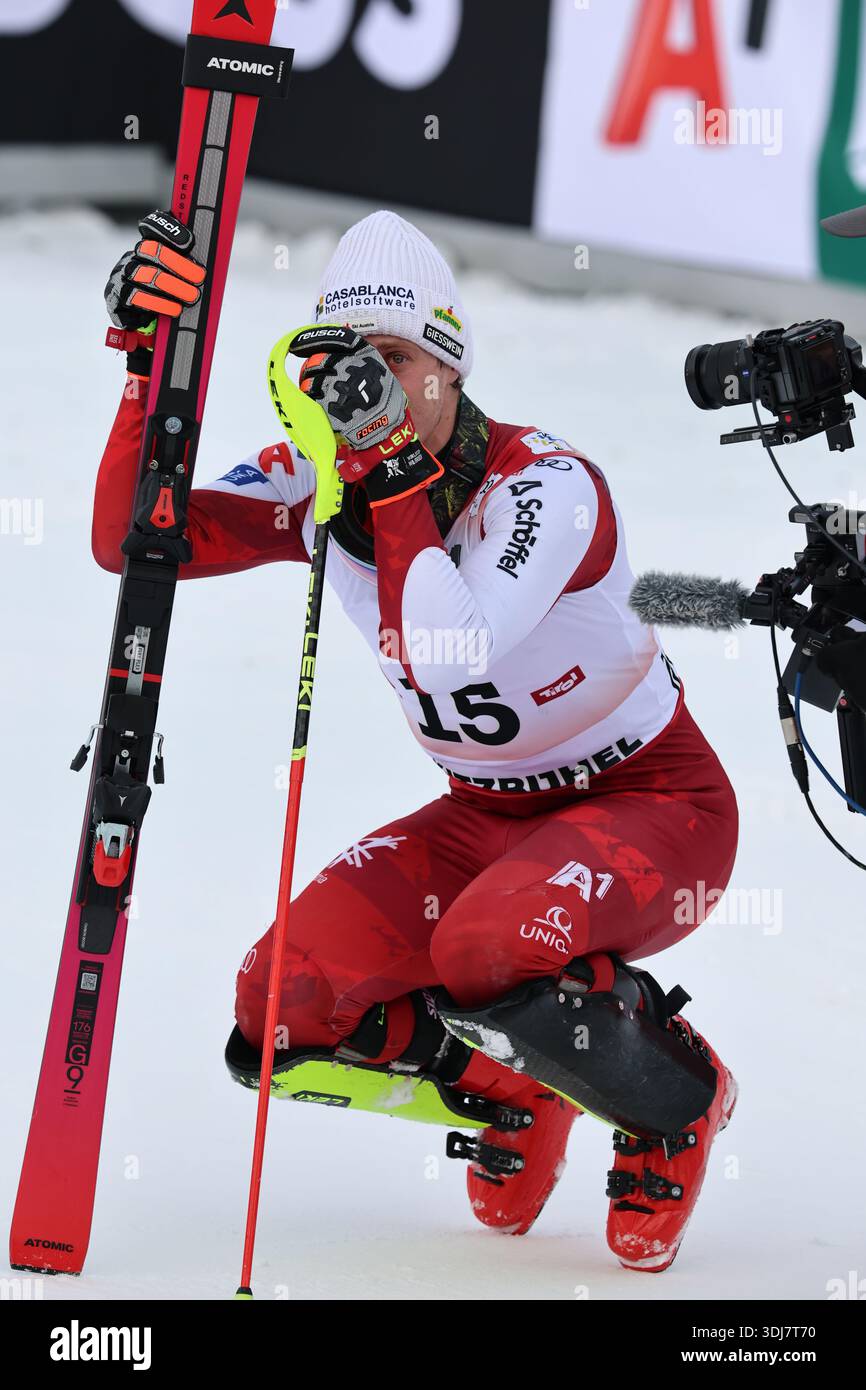 Austria's Manuel Feller reacts after winning an alpine ski, men's World ...