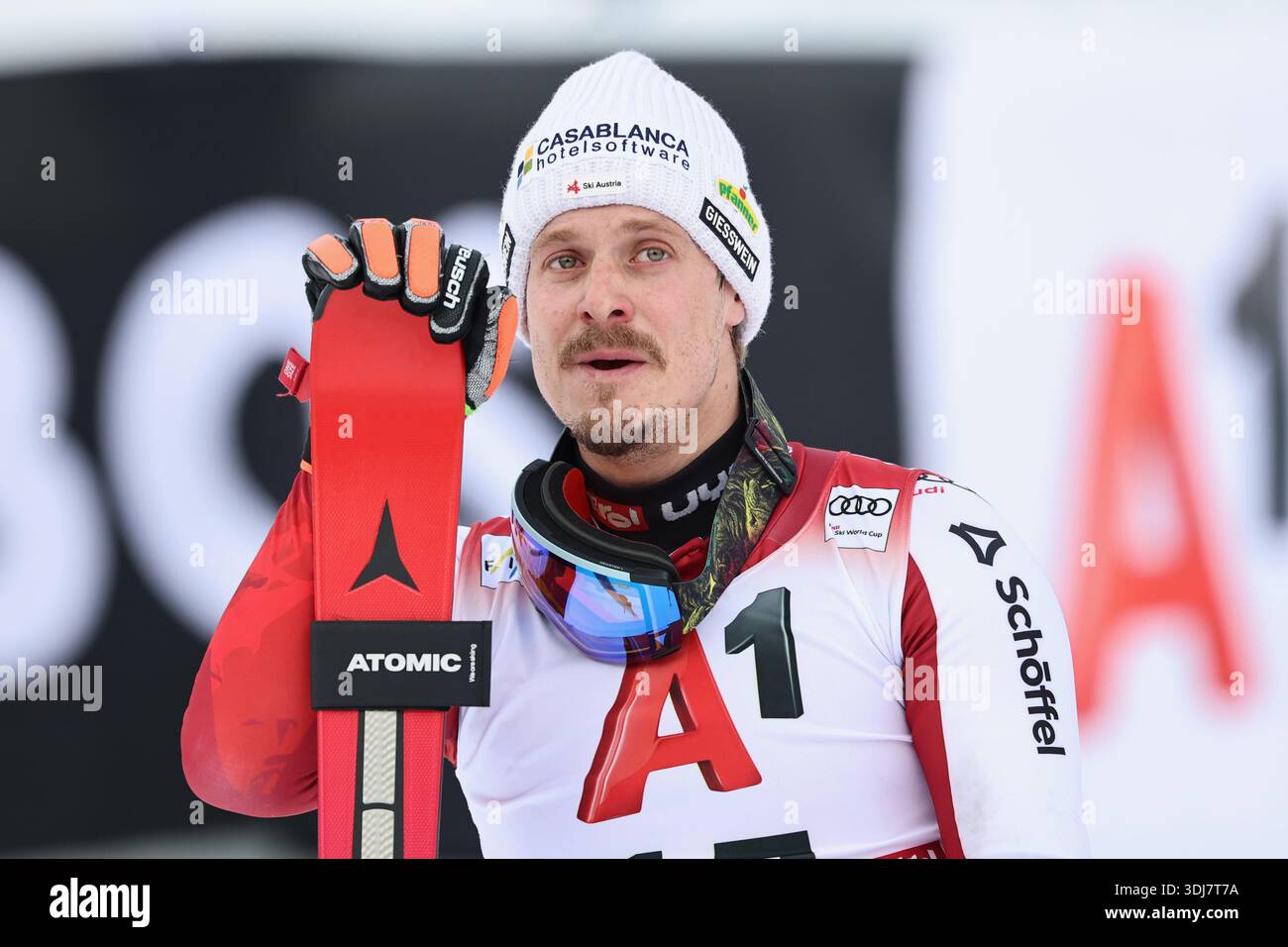 Austria's Manuel Feller reacts after winning an alpine ski, men's World ...