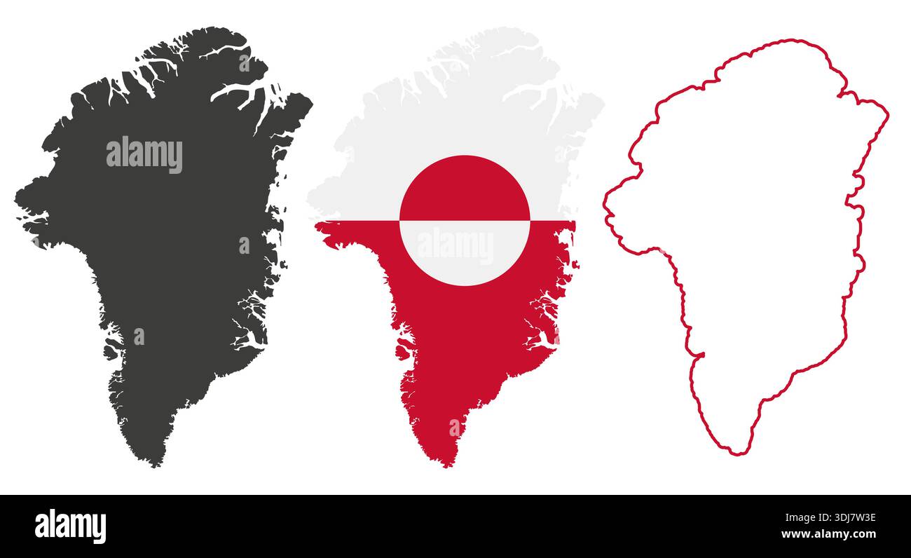 A detailed map of Greenland. Black silhouette, flag, and simple outline ...