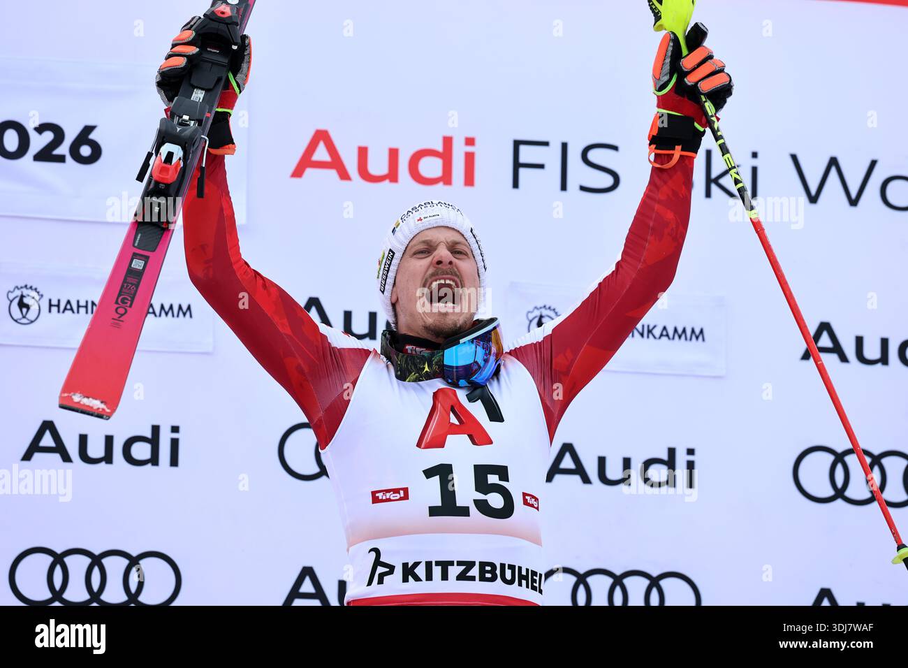 Austria's Manuel Feller celebrates winning an alpine ski, men's World ...