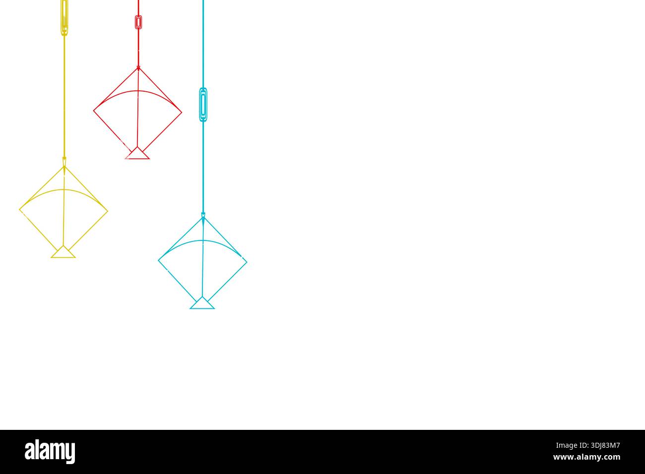 Minimal line art kites hanging on strings on white background with copy ...