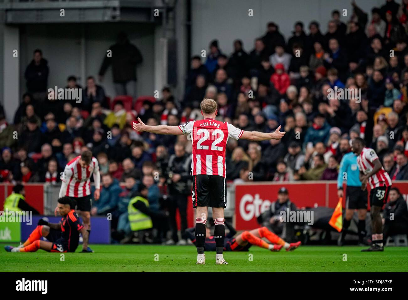 Nathan Collins of Brentford reacts after a referee decision during the ...