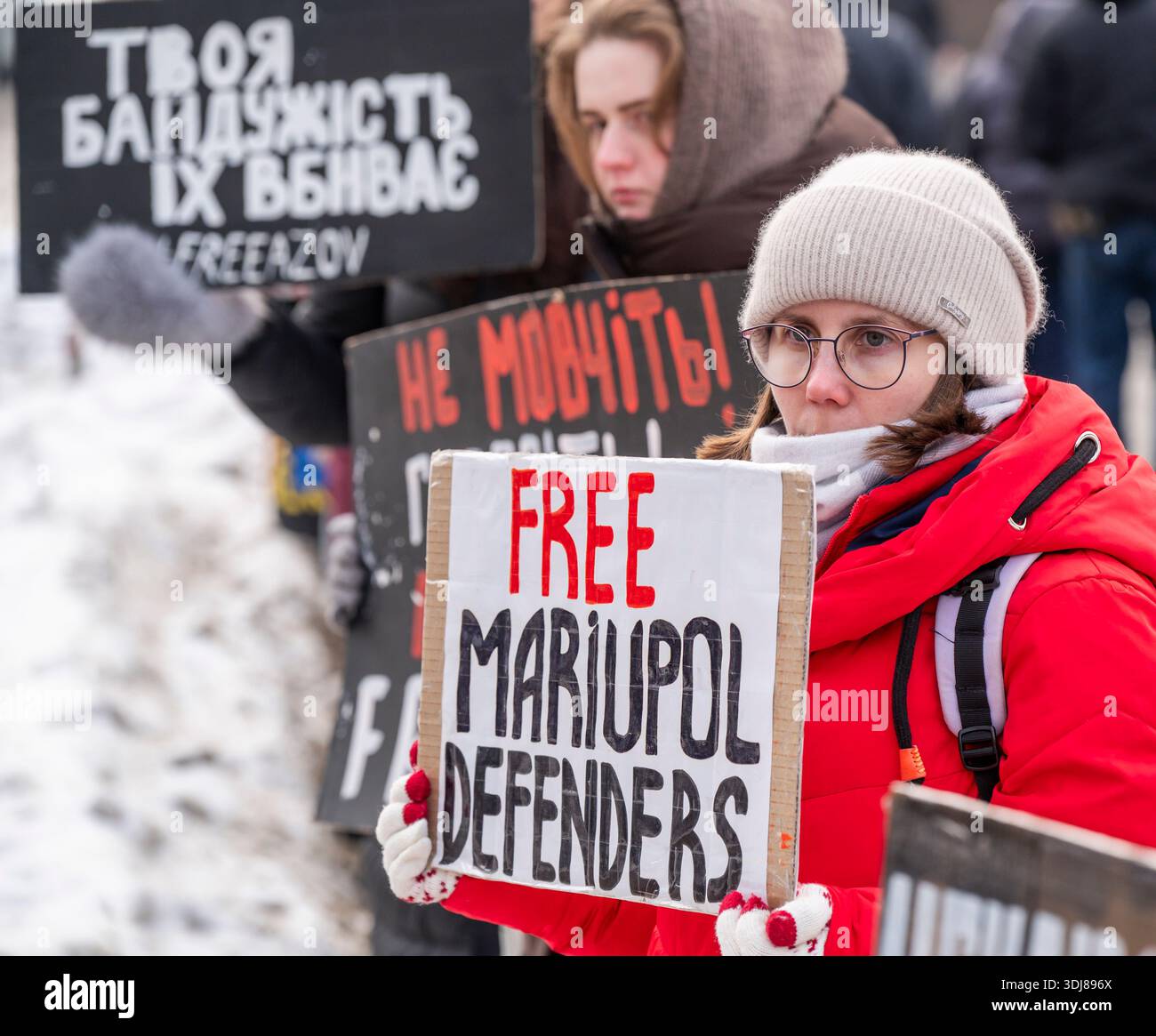 Kyiv, Ukraine - 25th January,2026: Young woman participating in a rally ...
