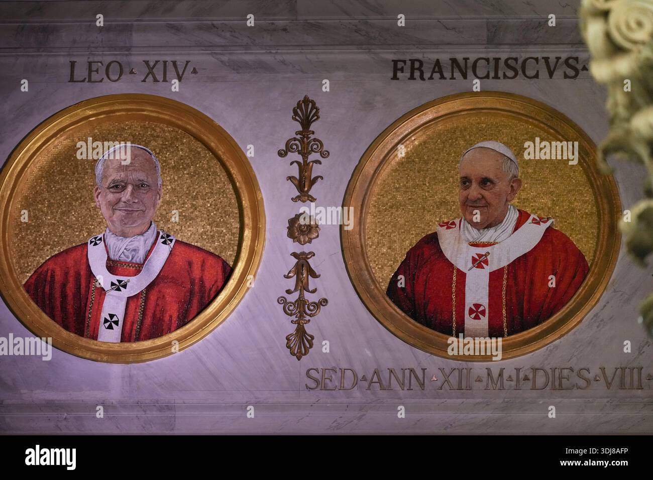 The mosaic portraits of late Pope Francis, right, and current Pope Leo ...