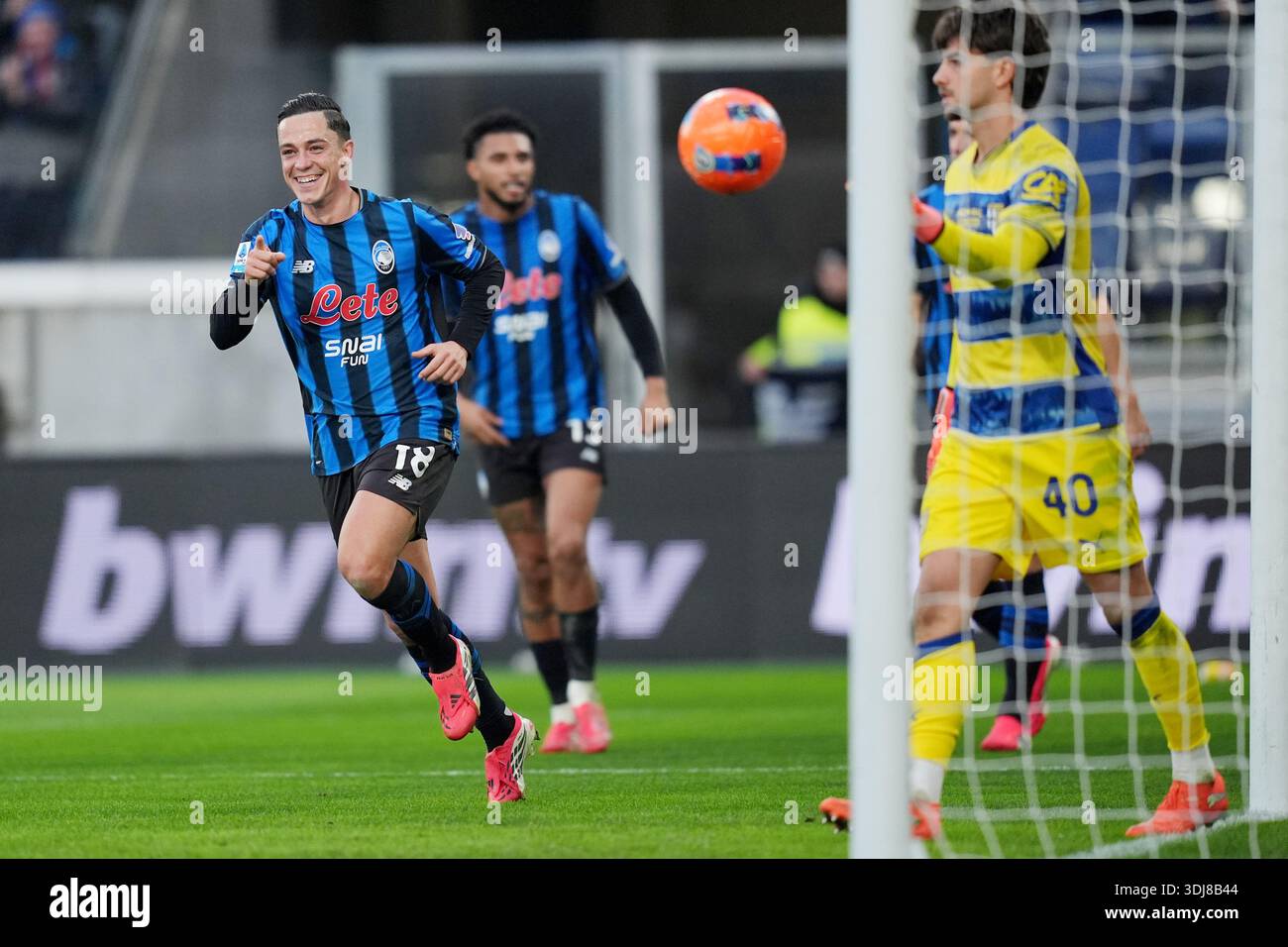 Atalanta's Giacomo Raspadori celebrates scoring their side's third goal ...
