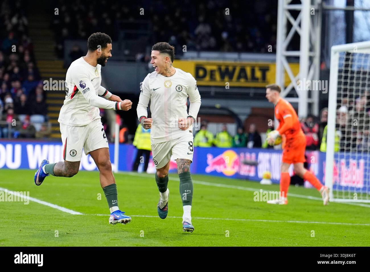 Chelsea's Enzo Fernandez (right) celebrates scoring their side's third ...