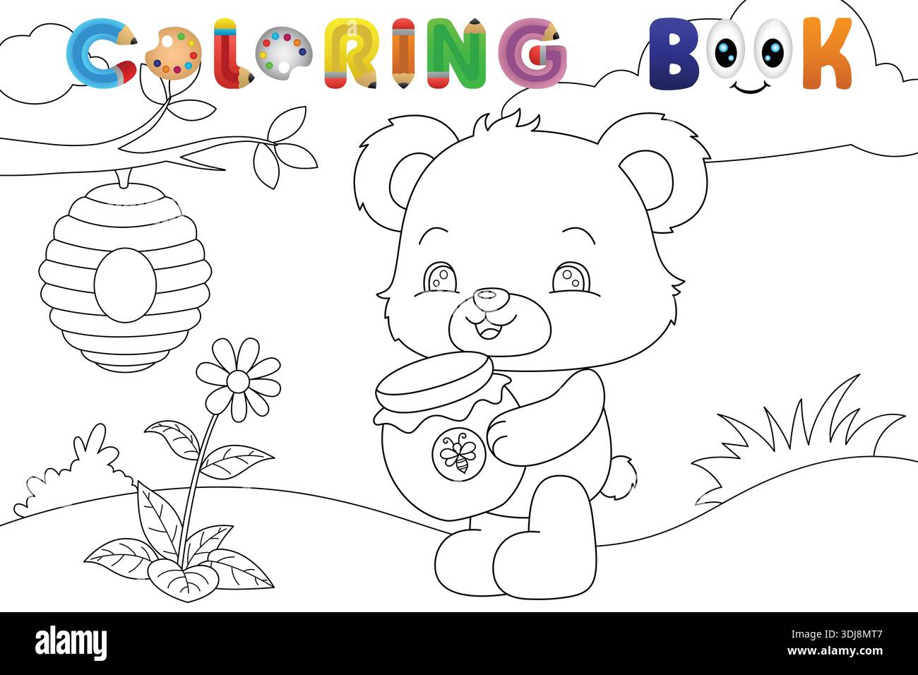 Cute teddy bear with a honey jar and beehive coloring book page for ...