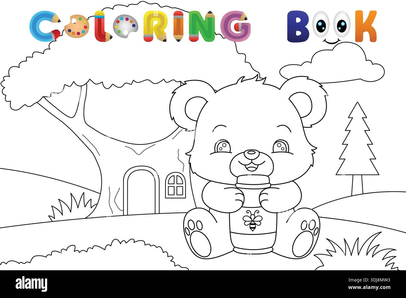 Cute teddy bear with a honey jar in the forest coloring book page for ...