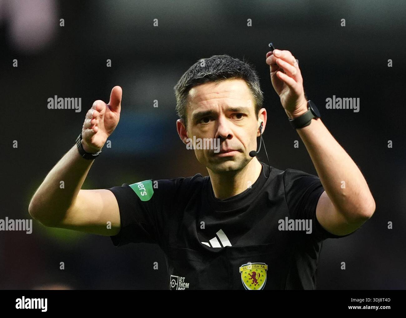 Referee Kevin Clancy gestures during the William Hill Premiership match ...