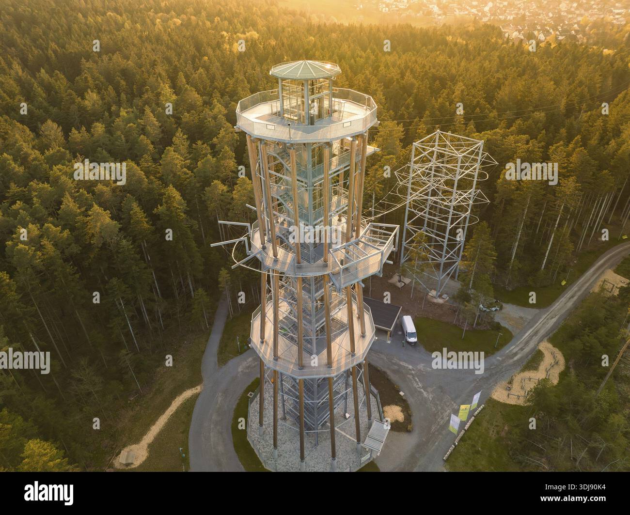 Observation tower in a thick forest with golden light late in the ...