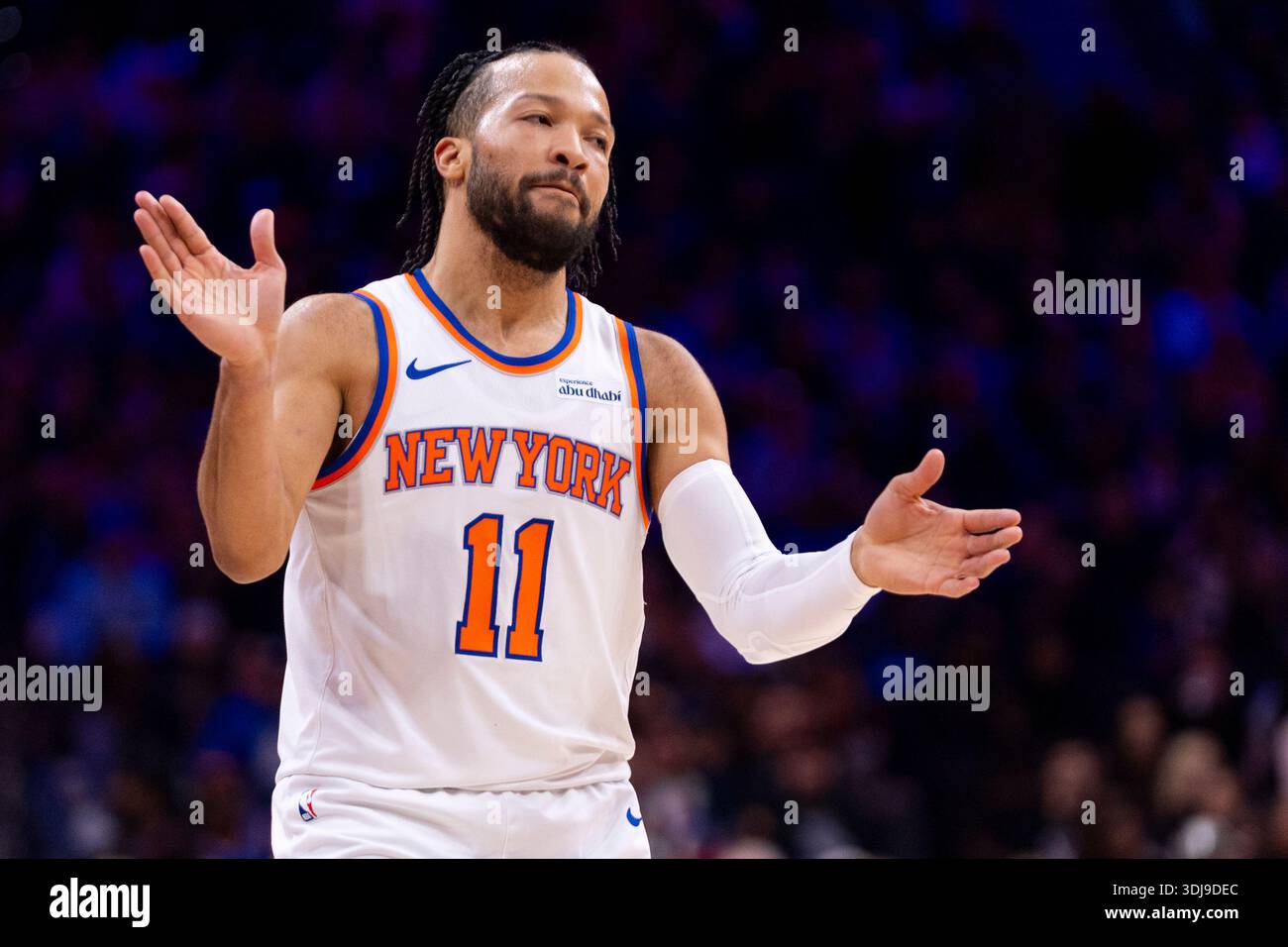 New York Knicks' Jalen Brunson reacts during an NBA basketball game ...