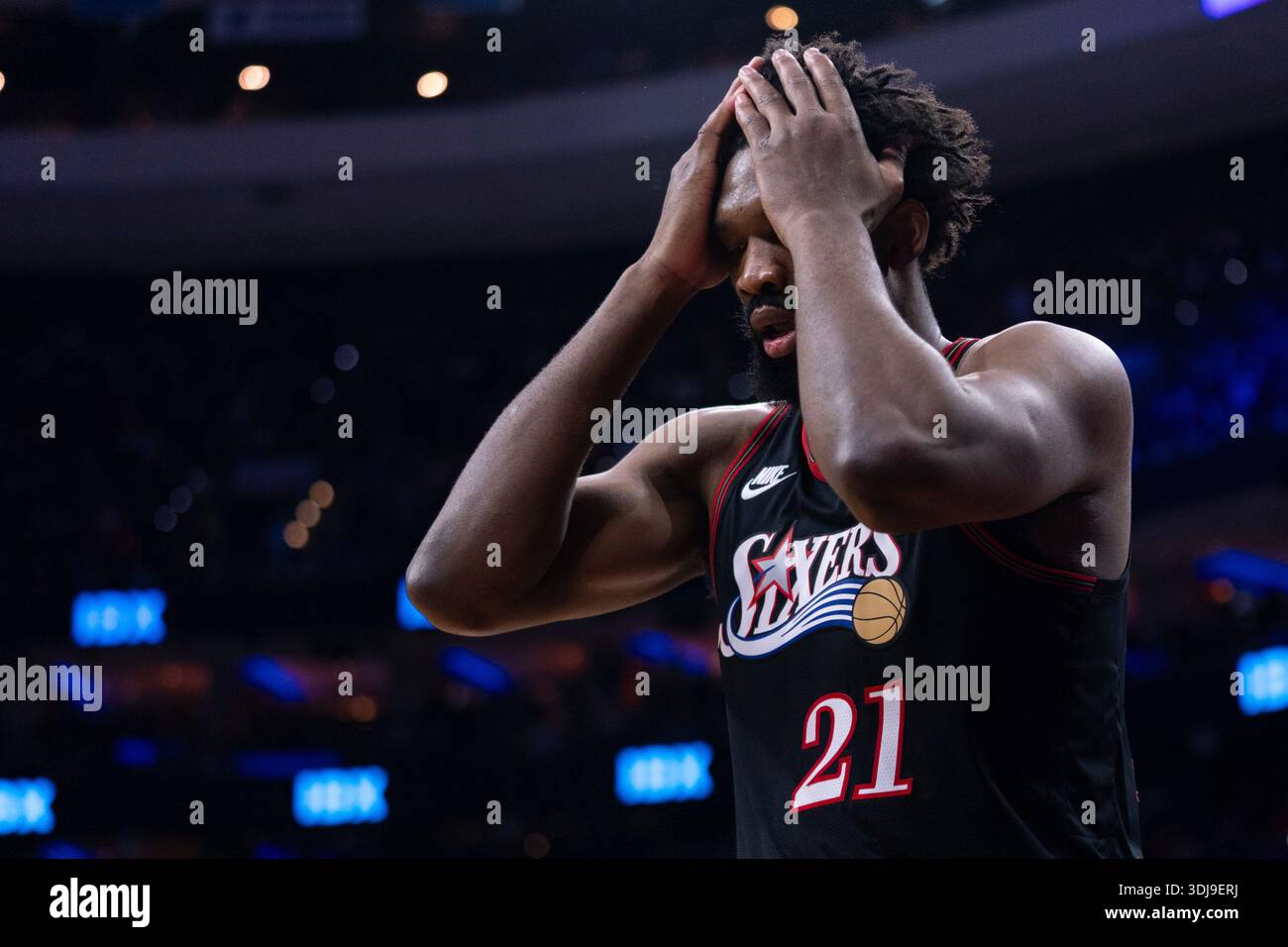 Philadelphia 76ers' Joel Embiid reacts during an NBA basketball game ...