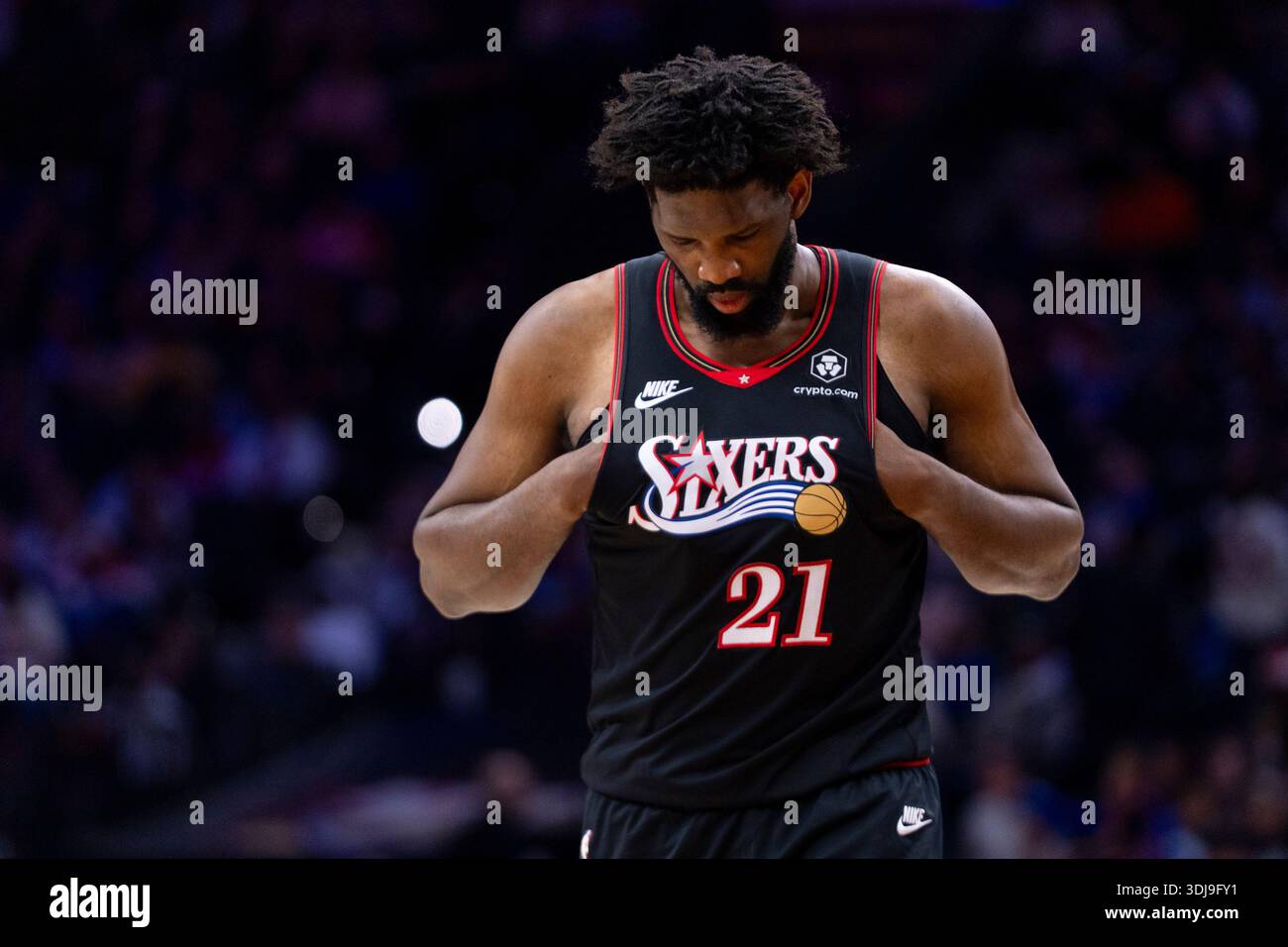 Philadelphia 76ers' Joel Embiid reacts during an NBA basketball game ...