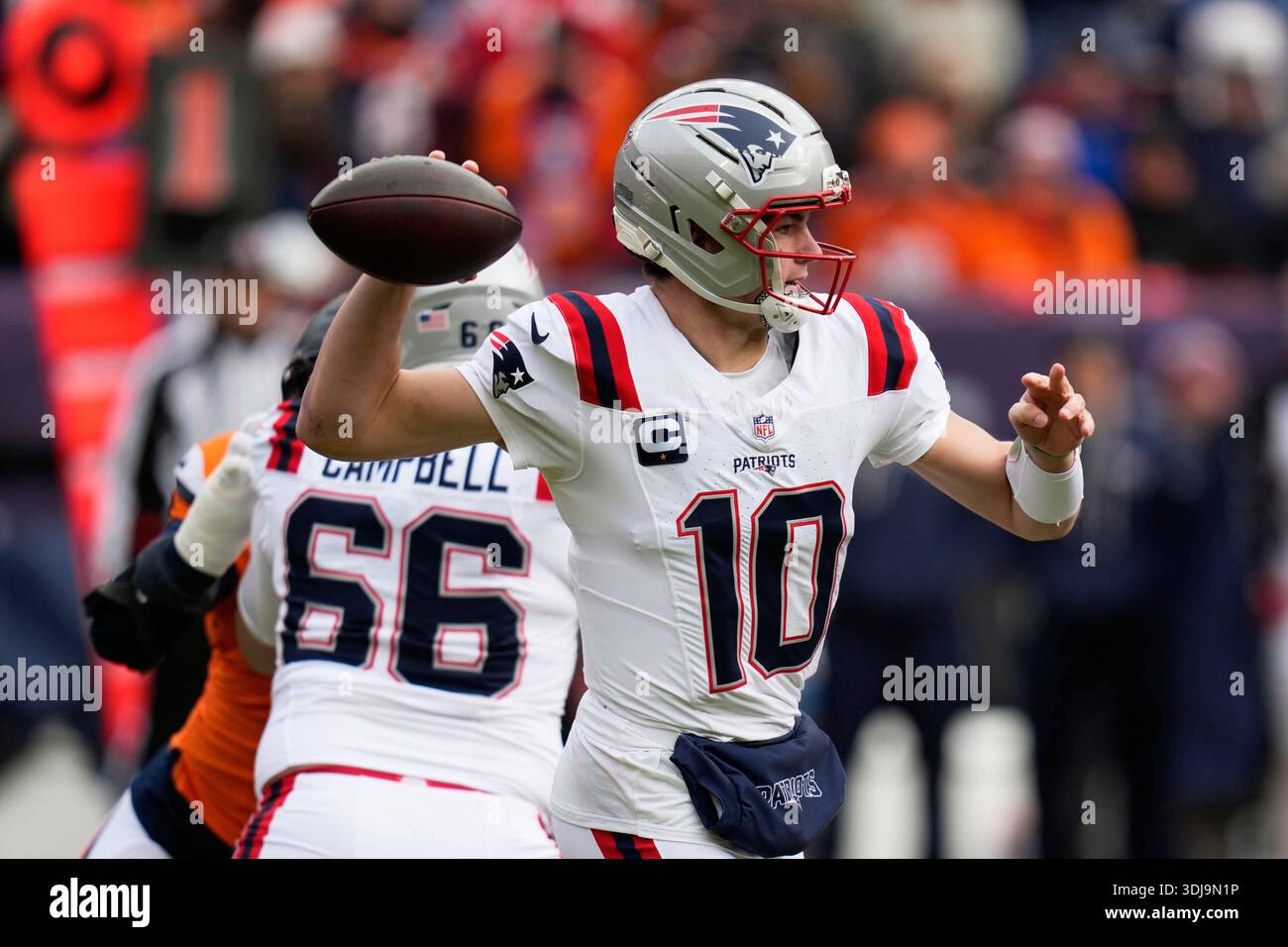 New England Patriots quarterback Drake Maye passes against the Denver ...