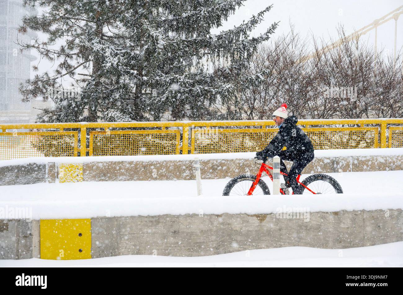 A bicyclist crosses the Roberto Clement Bridge during the snow storm in ...