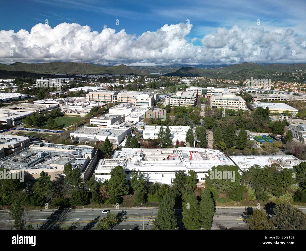 Aerial view of the headquarters campus of Amgen Corporation in Thousand ...