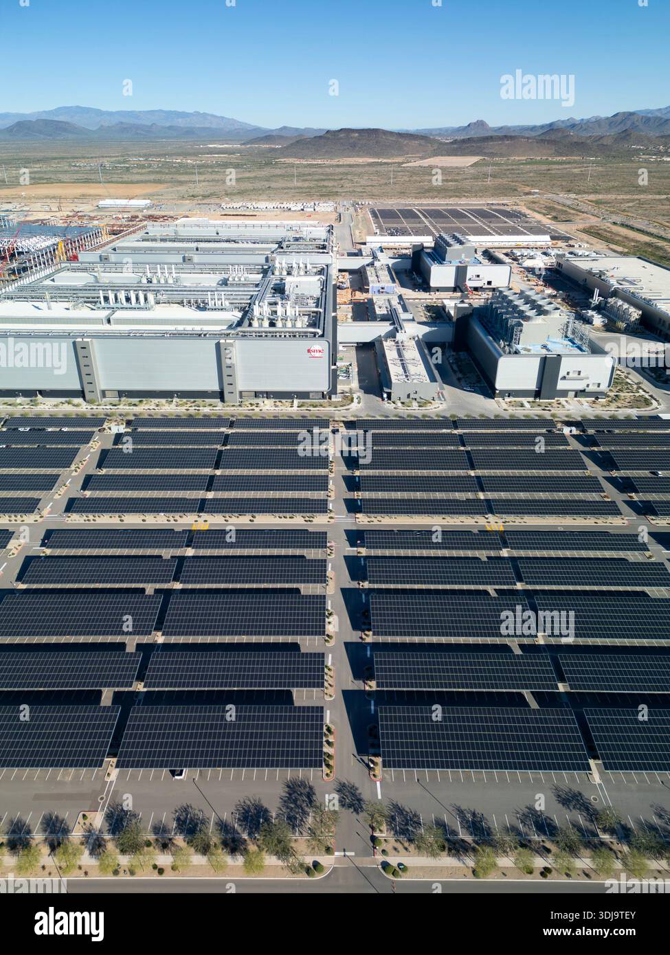 Vertical aerial view of the TSMC semiconductor chip fab campus north of ...