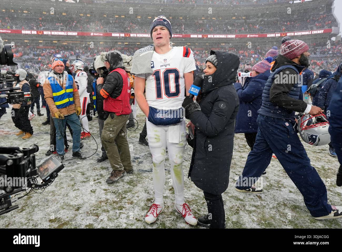 New England Patriots quarterback Drake Maye (10) speaks after the AFC ...