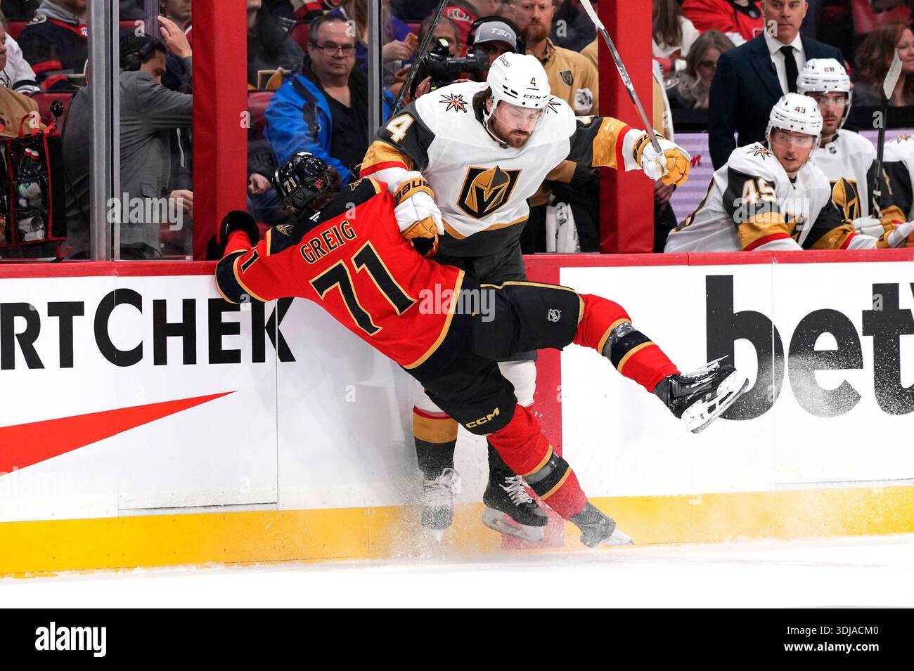 Ottawa Senators' Ridly Greig (71) and Vegas Golden Knights' Rasmus ...