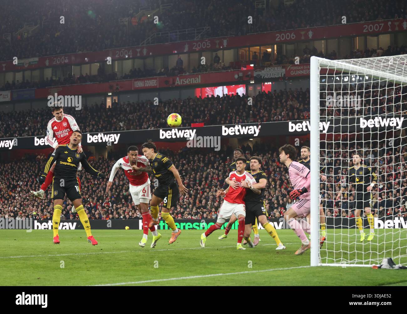 Martin Zubimendi (A) heads the ball goalwards at the Arsenal v ...