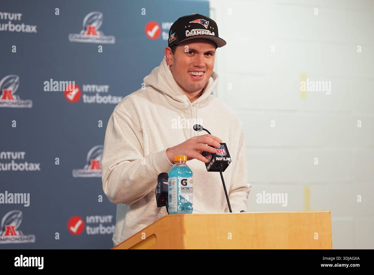 New England Patriots quarterback Drake Maye speaks after the AFC ...