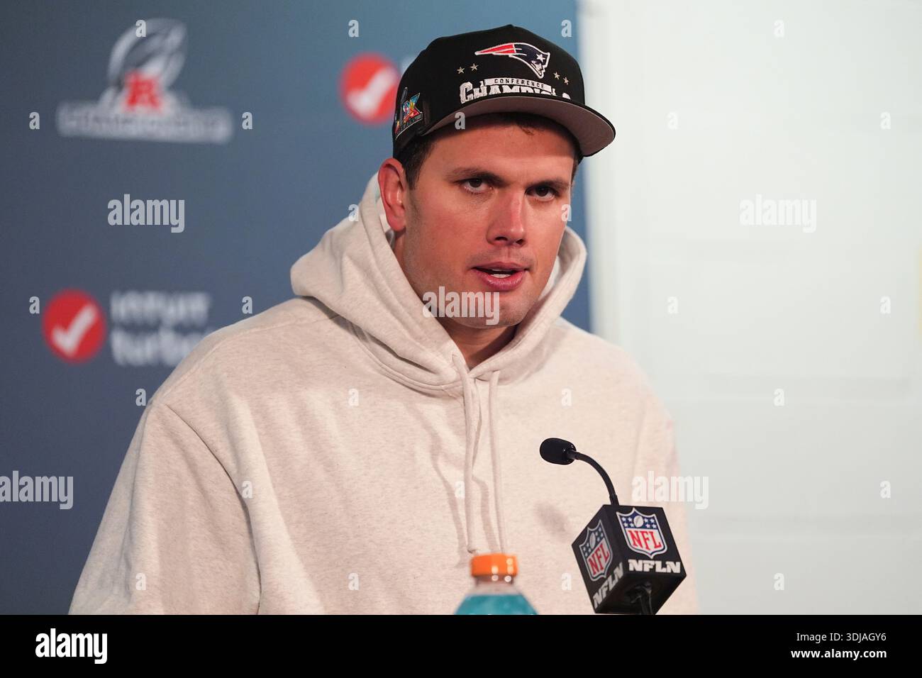 New England Patriots quarterback Drake Maye speaks after the AFC ...