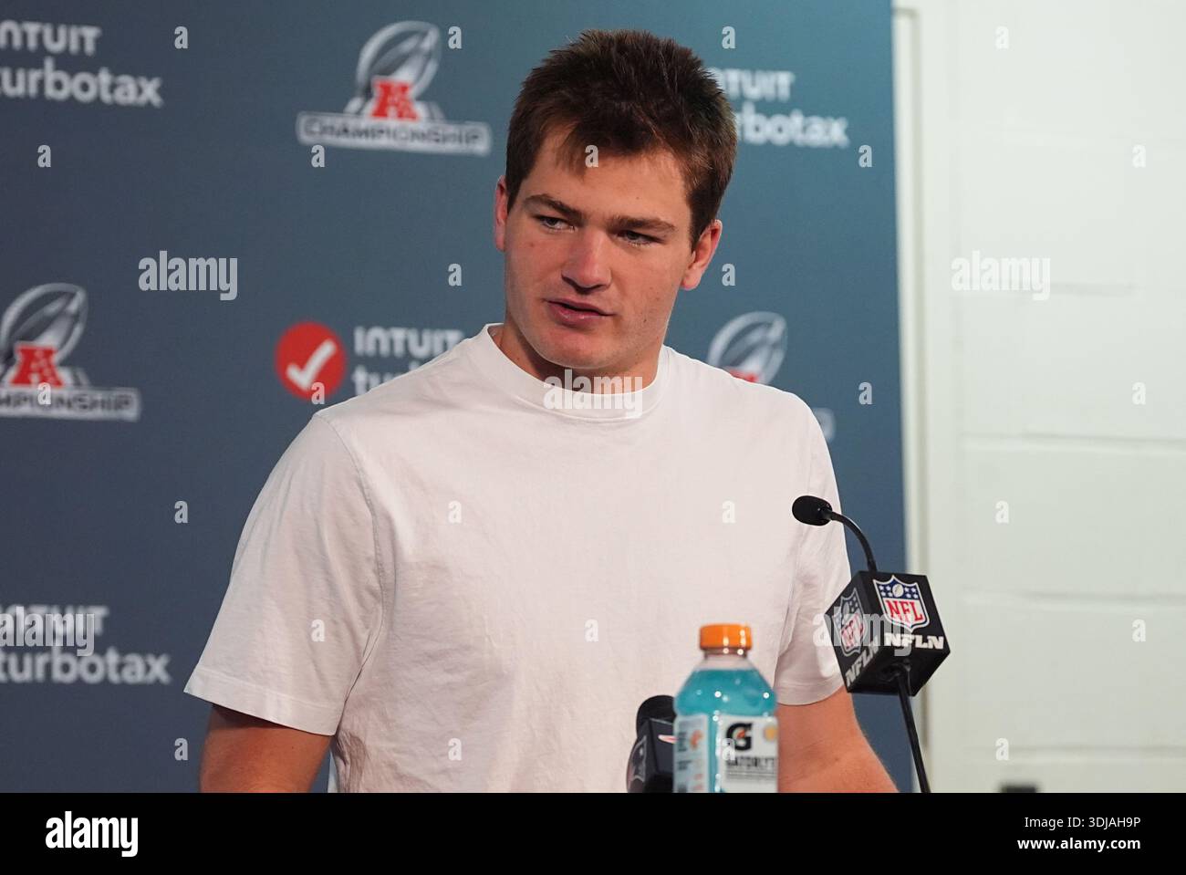 New England Patriots quarterback Drake Maye speaks after the AFC ...